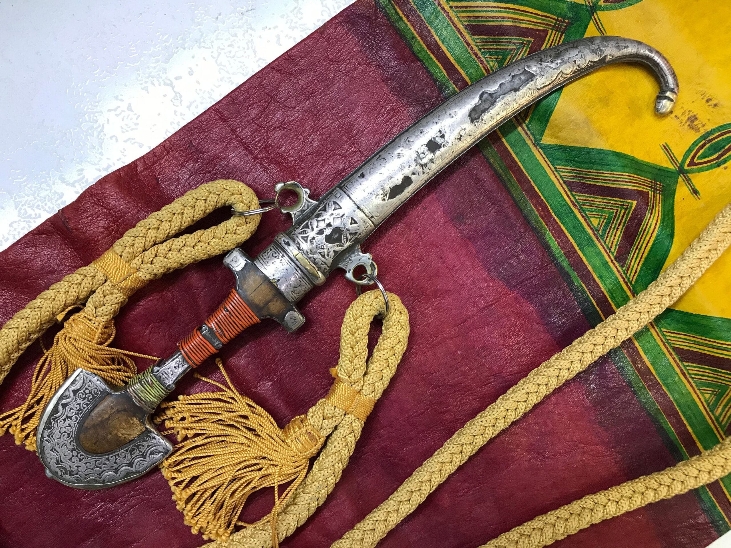 Moroccan Handmade Arabic Dagger Knife BERBER with silk belt Koummya vintage with silk belt - Etuareg